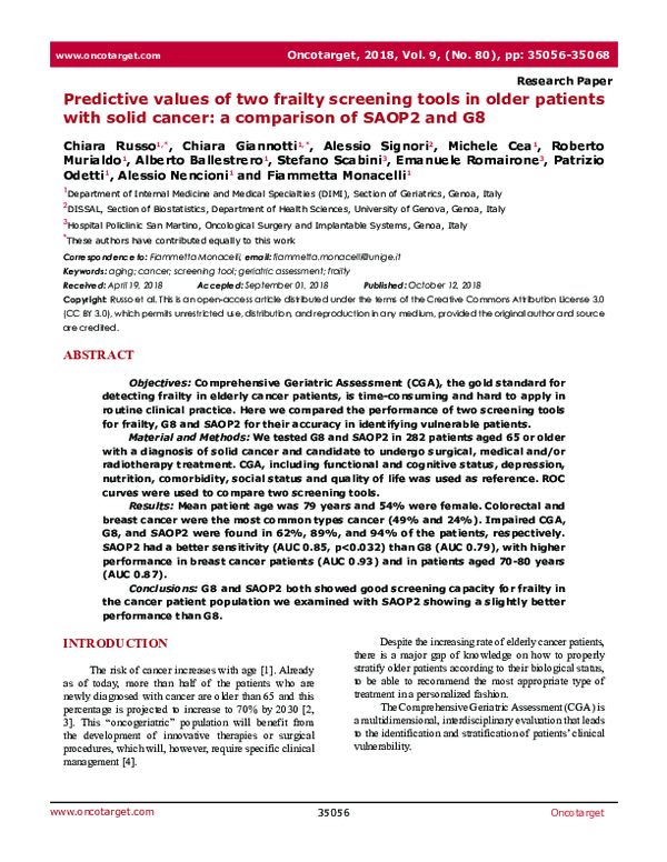 (PDF) Predictive values of two frailty screening tools in older ...