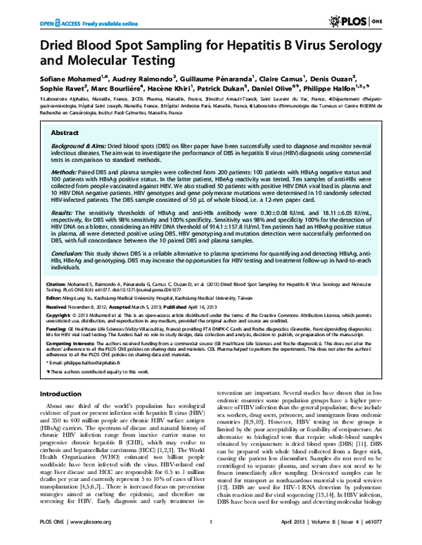 (PDF) Dried Blood Spot Sampling for Hepatitis B Virus Serology and ...