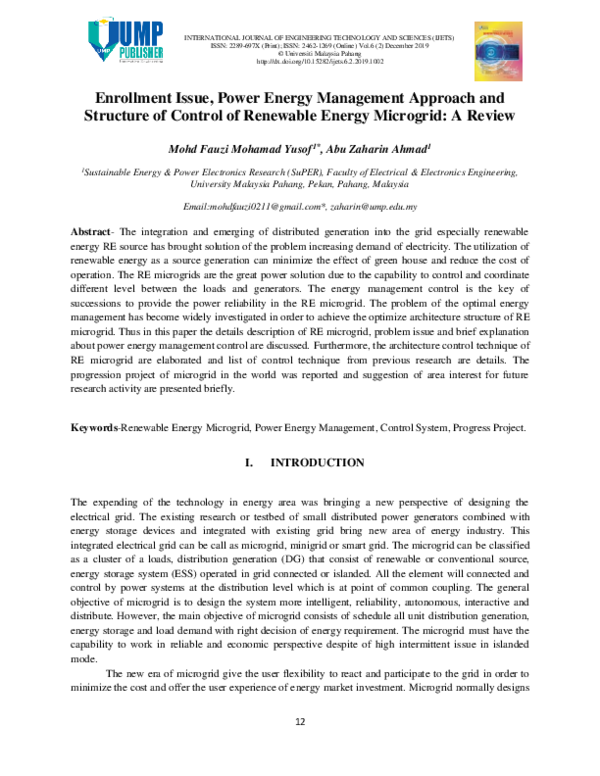 (PDF) Enrollment Issue, Power Energy Management Approach and Structure of Control of Renewable ...