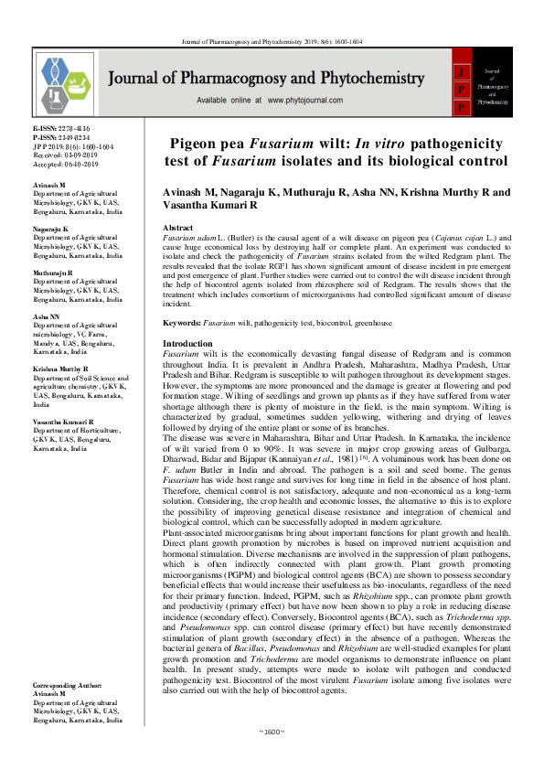 (PDF) Pigeon pea Fusarium wilt: In vitro pathogenicity test of Fusarium ...