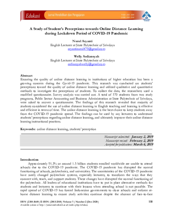(PDF) A Study of Student’s Perceptions towards Online Distance Learning ...