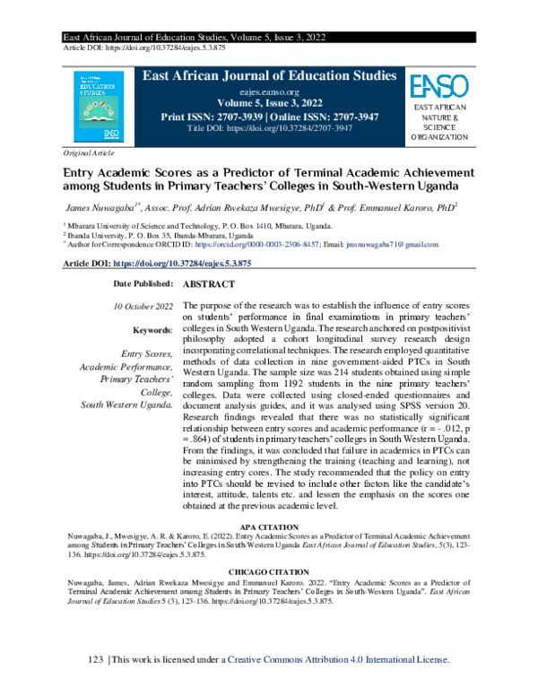 (PDF) Entry Academic Scores as a Predictor of Terminal Academic Achievement among Students in ...