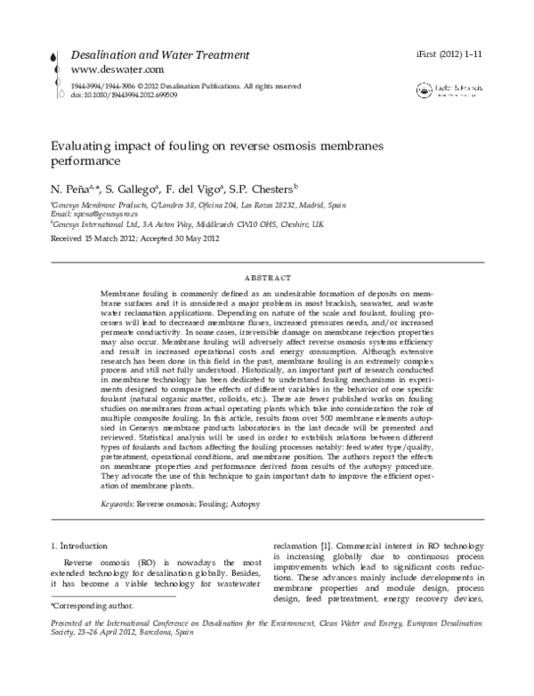 (PDF) Evaluating impact of fouling on reverse osmosis membranes performance