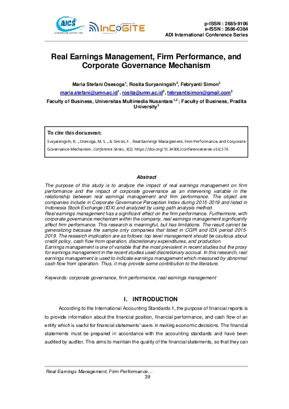 (PDF) Real Earnings Management, Firm Performance, and Corporate Governance Mechanism