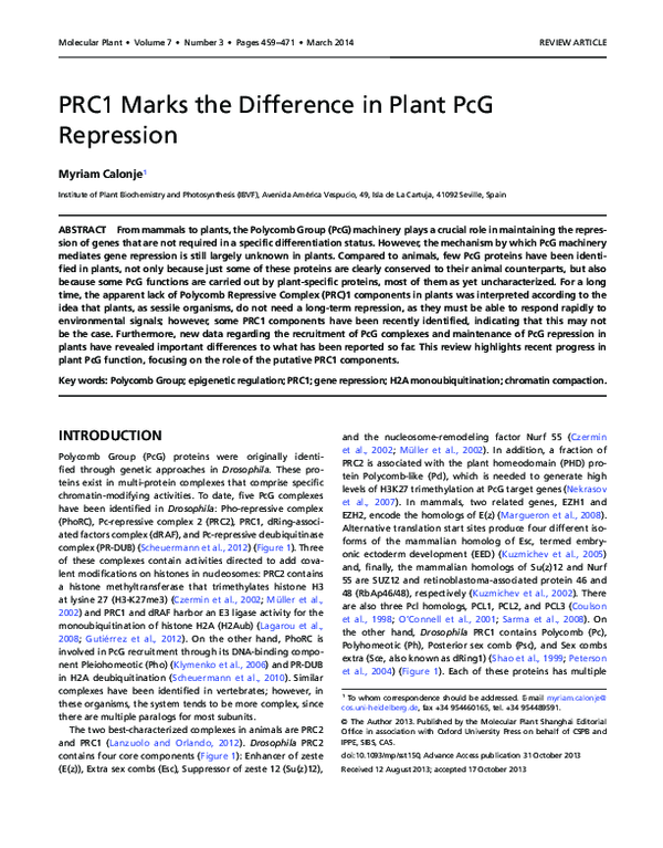 (PDF) PRC1 Marks the Difference in Plant PcG Repression | Myriam ...