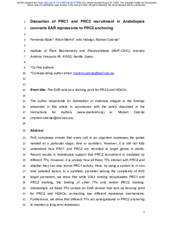 (PDF) Dissection of PRC1 and PRC2 recruitment in Arabidopsis connects ...