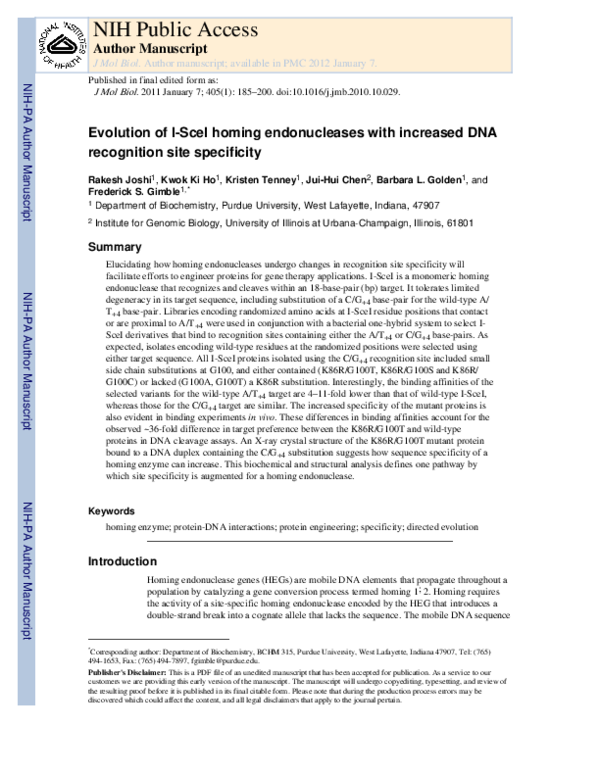 (PDF) Evolution of I-SceI Homing Endonucleases with Increased DNA ...