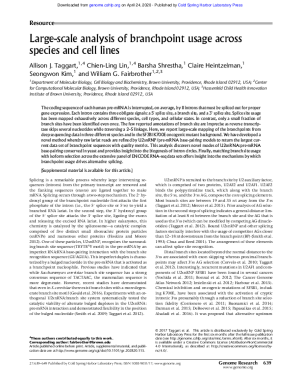 (PDF) Large-scale analysis of branchpoint usage across species and cell lines