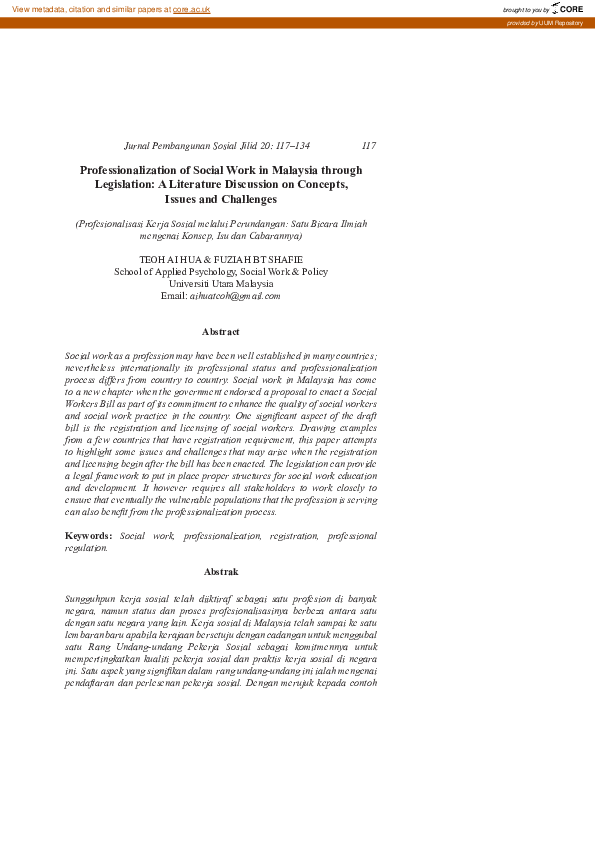 (PDF) Professionalization of Social Work in Malaysia Through Legislation: A Literature ...
