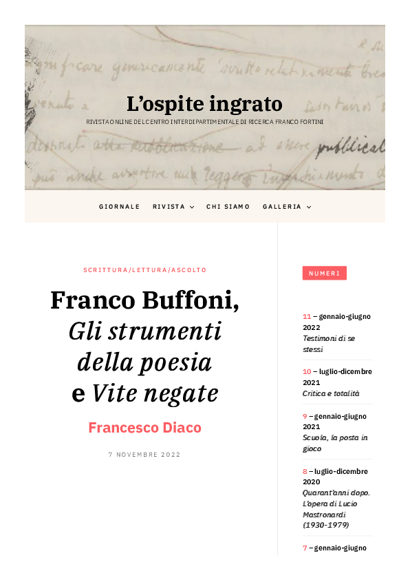 (PDF) Franco Buffoni, Gli strumenti della poesia e Vite negate