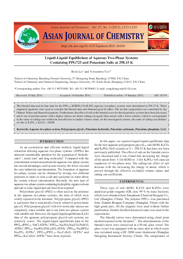 (PDF) Liquid–liquid equilibrium of aqueous two-phase systems composed of poly(ethylene oxide ...