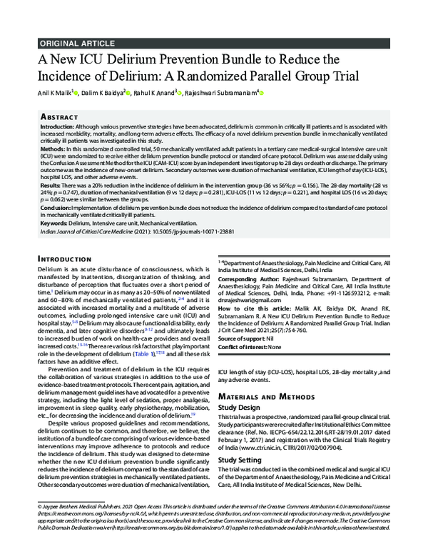 (PDF) A New ICU Delirium Prevention Bundle to Reduce the Incidence of ...