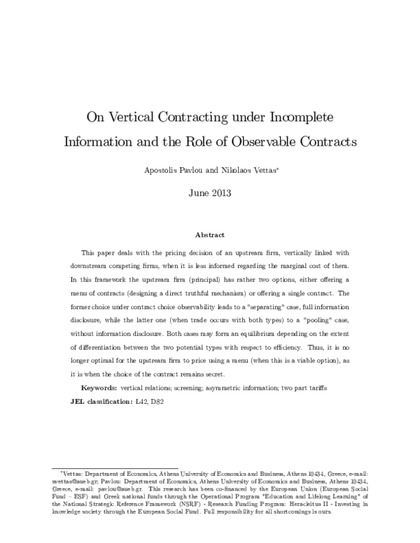 (PDF) On Vertical Contracting under Incomplete Information and the Role of Observable Contracts