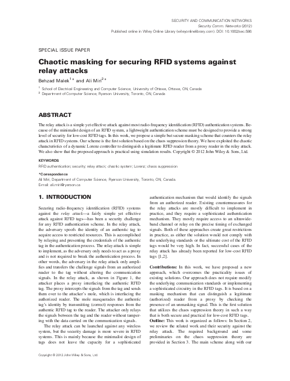 (PDF) Chaotic masking for securing RFID systems against relay attacks