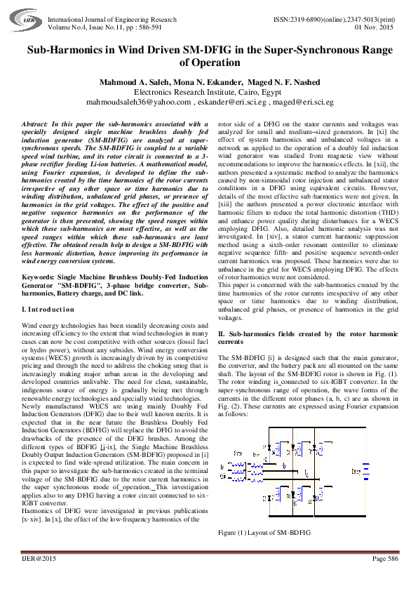 (PDF) Sub-Harmonics in Wind Driven SM-DFIG in the Super-Synchronous Range of Operation