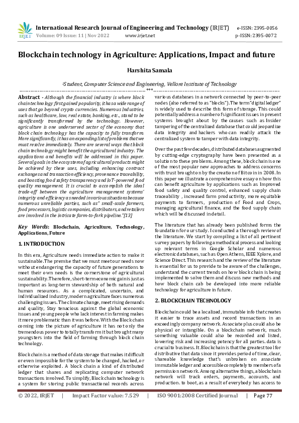 (PDF) Blockchain technology in Agriculture: Applications, Impact and future