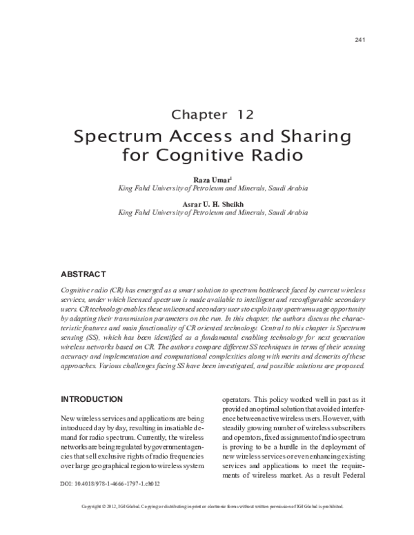 (PDF) Spectrum Access and Sharing for Cognitive Radio