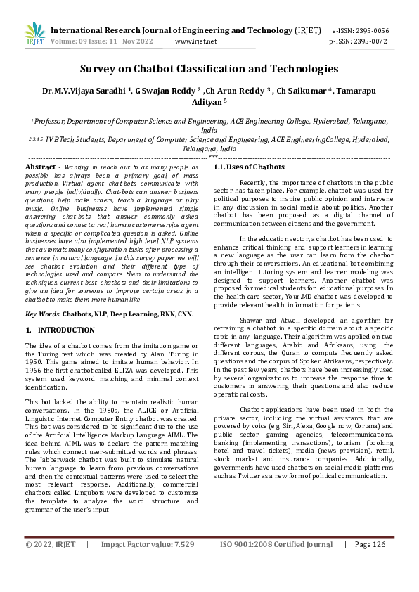 (PDF) Survey on Chatbot Classification and Technologies