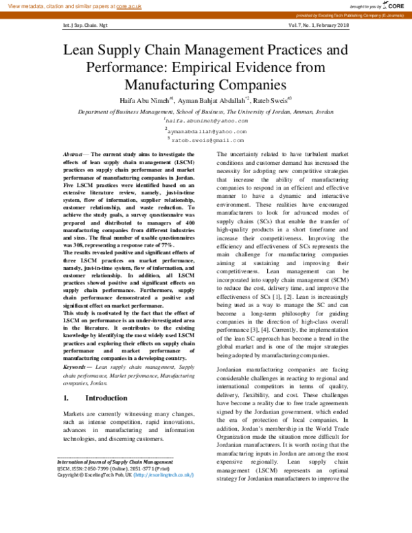 (PDF) Lean Supply Chain Management Practices and Performance: Empirical Evidence from ...