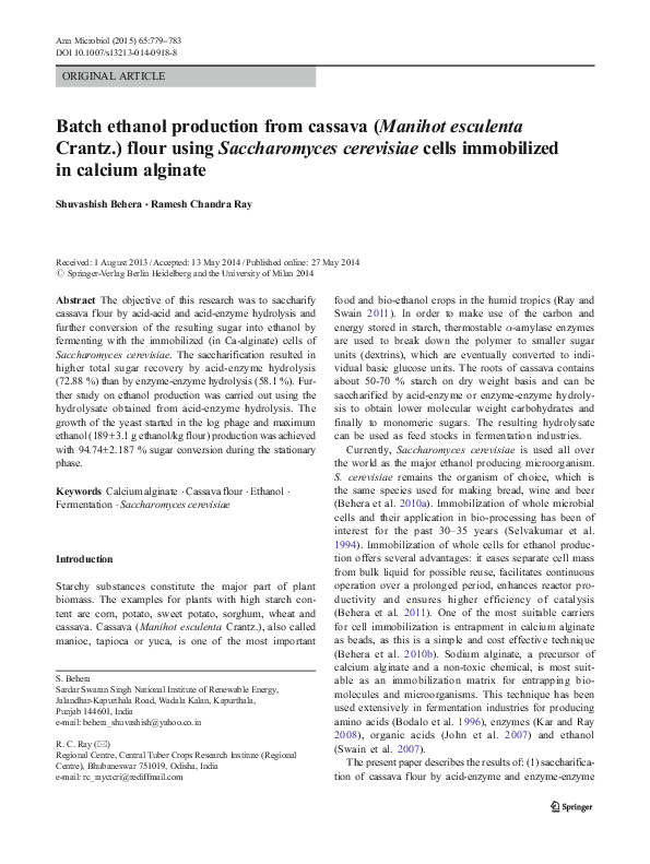 Pdf Batch Ethanol Production From Cassava Manihot Esculenta Crantz