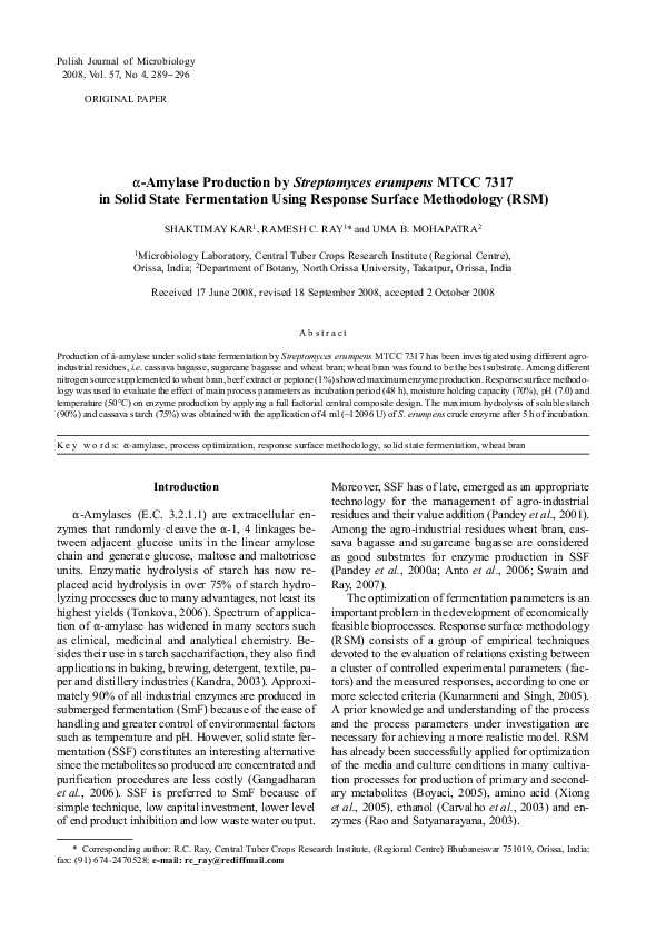(PDF) Amylase Production by Streptomyces erumpens MTCC 7317 in Solid State Fermentation Using ...
