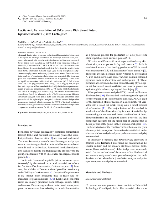 (PDF) Lactic Acid Fermentation of β-Carotene Rich Sweet Potato (Ipomoea ...