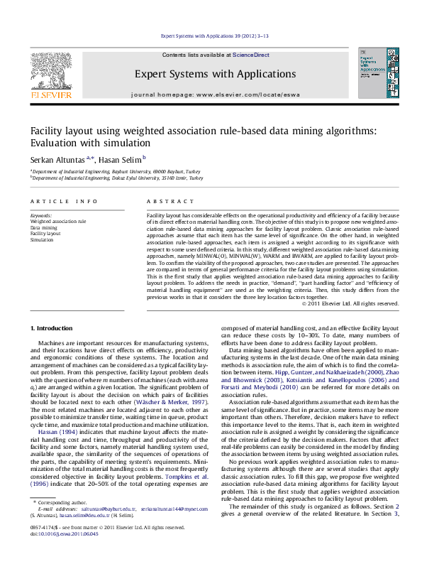 Pdf Facility Layout Using Weighted Association Rule Based Data Mining Algorithms Evaluation