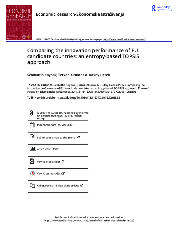 Pdf Comparing The Innovation Performance Of Eu Candidate Countries An Entropy Based Topsis