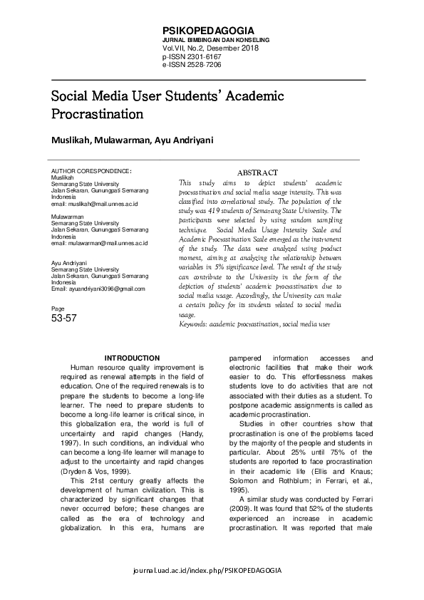 (PDF) Social Media User Students’ Academic Procrastination