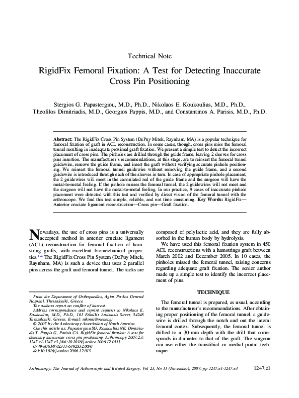 Pdf Rigidfix Femoral Fixation A Test For Detecting Inaccurate Cross Pin Positioning