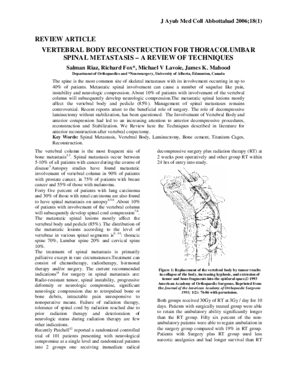 (PDF) Vertebral body reconstruction for thoracolumbar spinal metastasis--a review of techniques