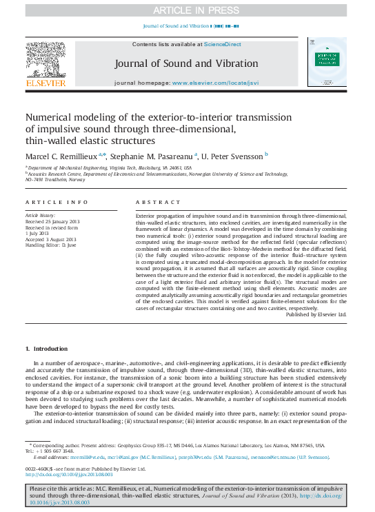 (PDF) Numerical modeling of the exterior-to-interior transmission of impulsive sound through ...