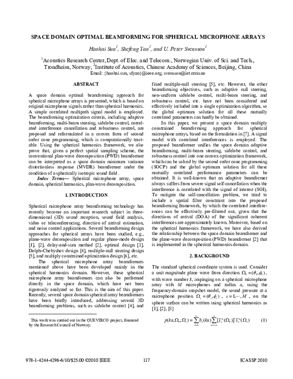 (PDF) Space domain optimal beamforming for spherical microphone arrays