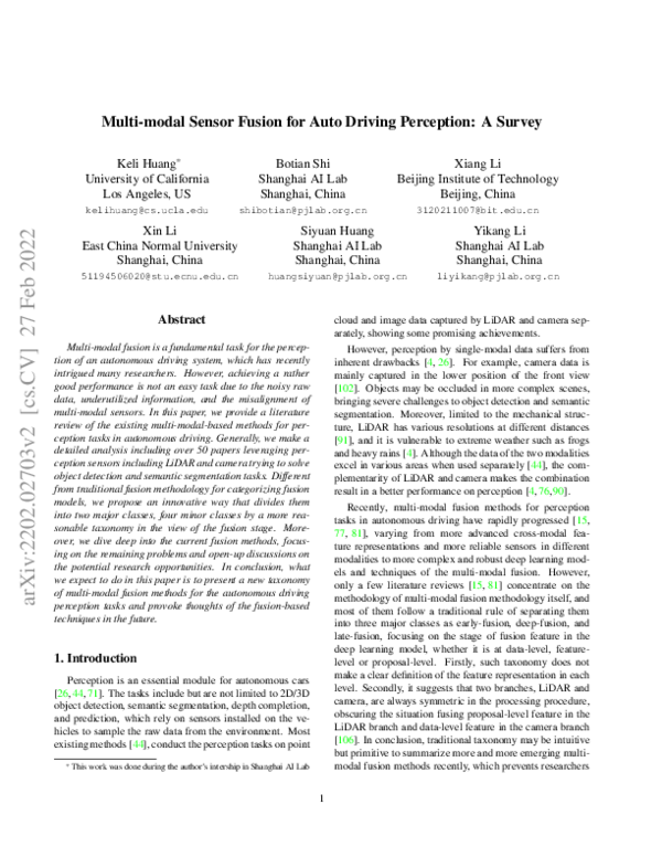 Pdf Multi Modal Sensor Fusion For Auto Driving Perception A Survey