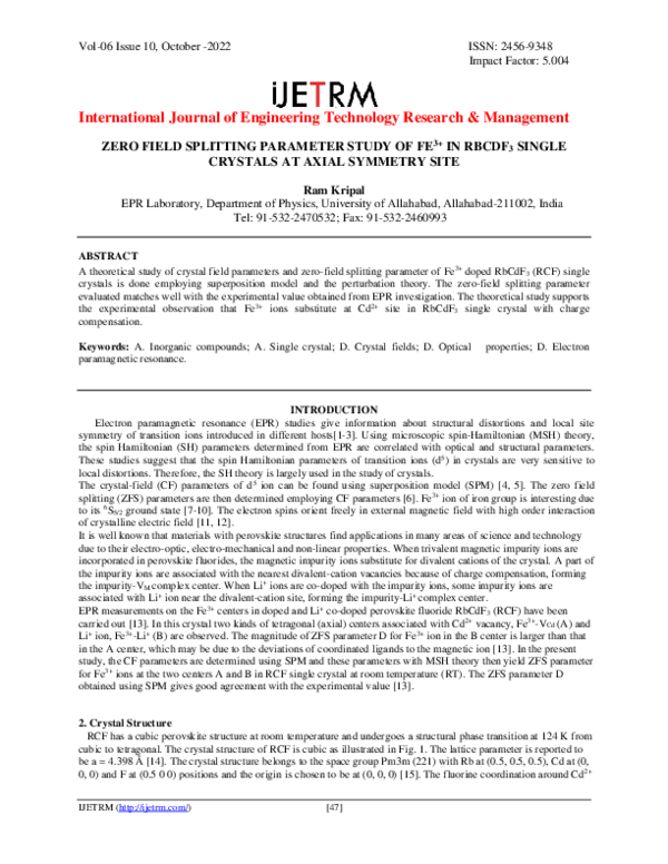 (PDF) ZERO FIELD SPLITTING PARAMETER STUDY OF FE3+ IN RBCDF3 SINGLE CRYSTALS AT AXIAL SYMMETRY SITE