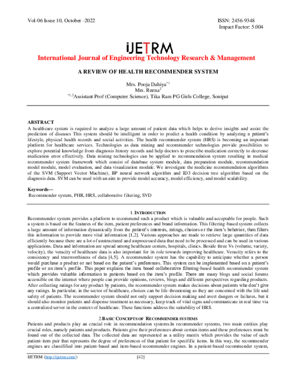 (PDF) A REVIEW OF HEALTH RECOMMENDER SYSTEM