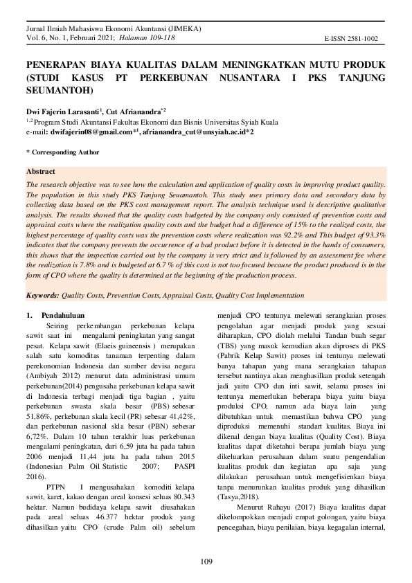 (PDF) Penerapan Biaya Kualitas Dalam Meningkatkan Mutu Produk (Studi Kasus PT Perkebunan ...