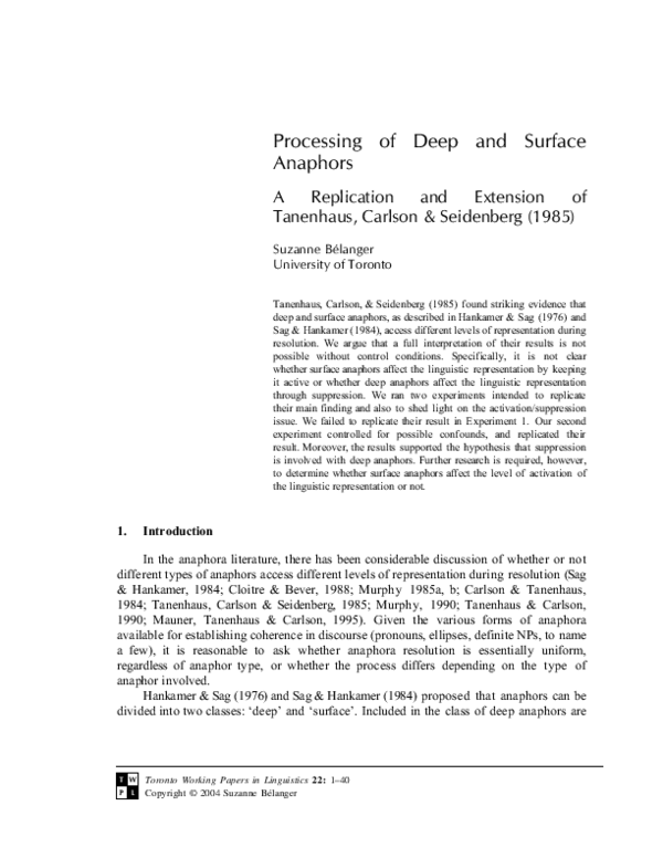 (PDF) Processing of Deep and Surface Anaphors: A replication and ...
