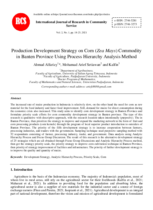(PDF) Production Development Strategy on Corn (Zea Mays) Commodity in Banten Province Using ...