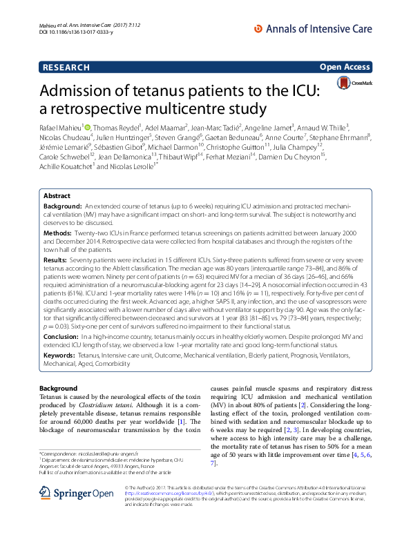(PDF) Admission of tetanus patients to the ICU: a retrospective ...