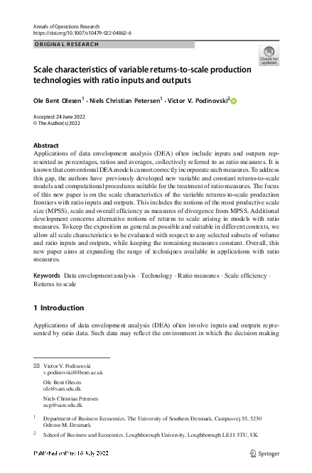 Pdf Scale Characteristics Of Variable Returns To Scale Production