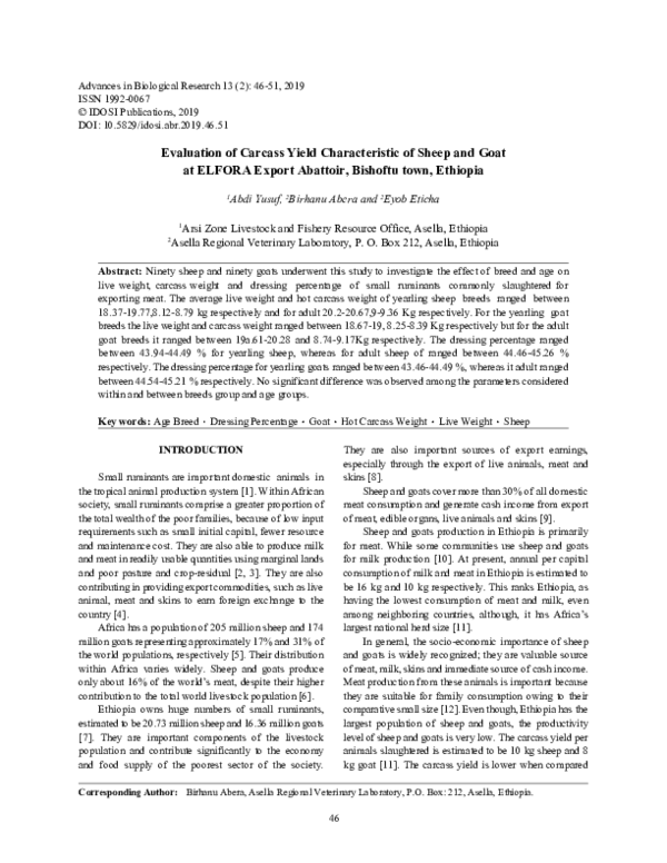 (PDF) Evaluation of Carcass Yield Characteristic of Sheep and Goat at ...
