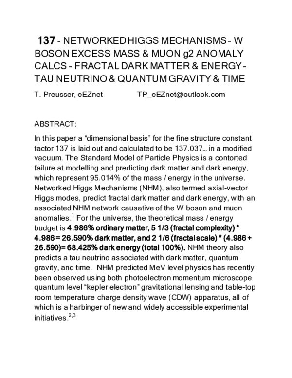 (PDF) 137 - NETWORKED HIGGS MECHANISMS– W BOSON EXCESS MASS & MUON g2 ANOMALY CALCS - FRACTAL ...