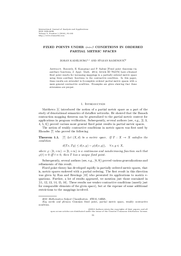 (PDF) Fixed Points under ψ-α-β Conditions in Ordered Partial Metric Spaces