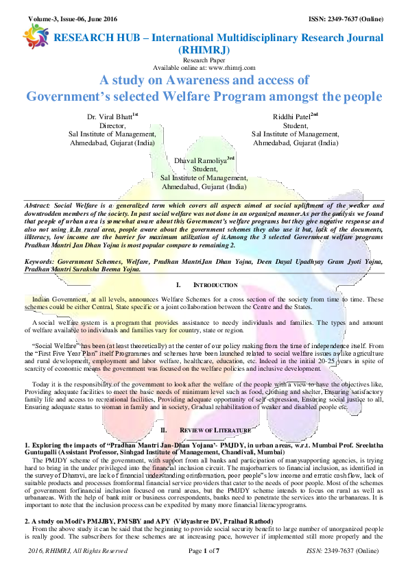 (PDF) A study on Awareness and access of Government's selected Welfare ...