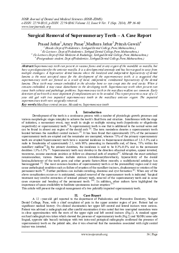 (PDF) Surgical Removal of Supernumerary Teeth – A Case Report