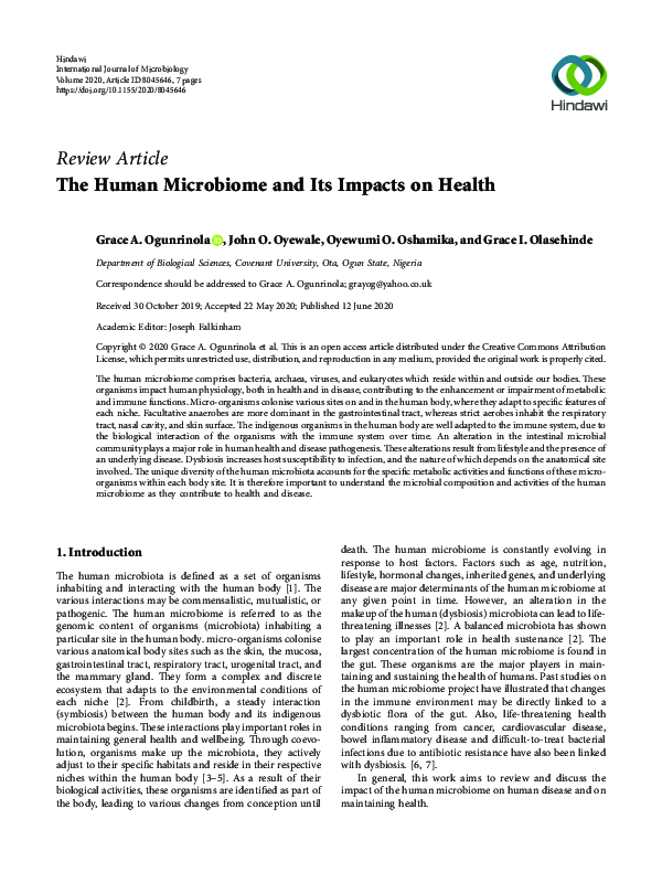 (PDF) The Human Microbiome and Its Impacts on Health