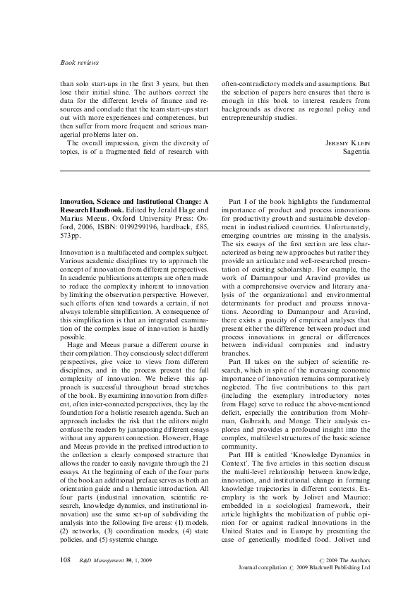 (PDF) Innovation, Science and Institutional Change: A Research Handbook. Edited by Jerald Hage ...