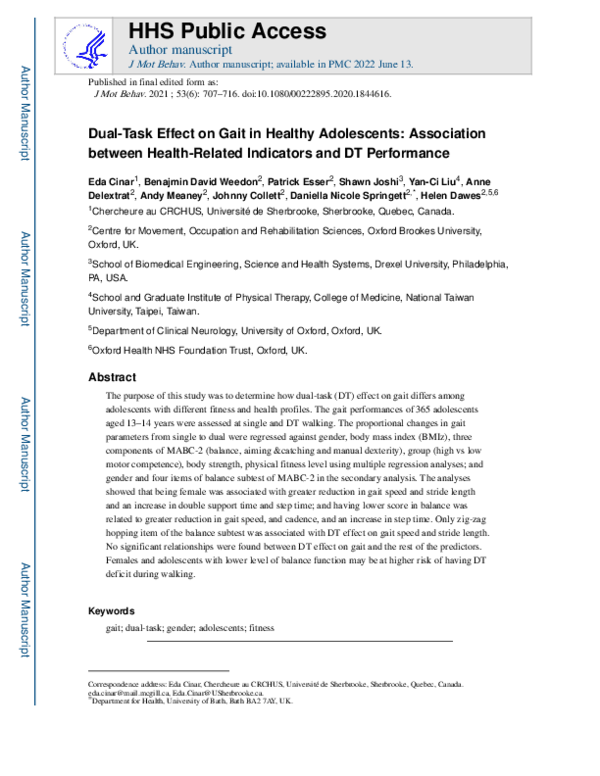 (PDF) Dual-Task Effect on Gait in Healthy Adolescents: Association ...