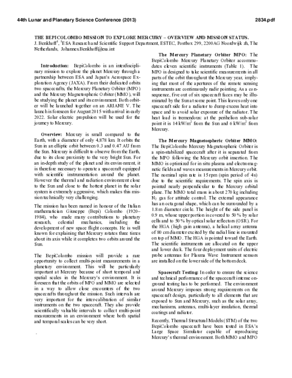 (PDF) The BepiColombo Mission to Explore Mercury — Overview and Mission Status